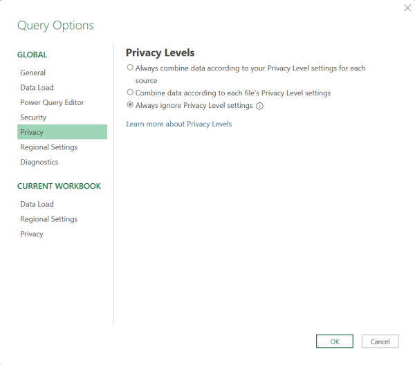Privacy Level settings in Microsoft Excel - OdataLink
